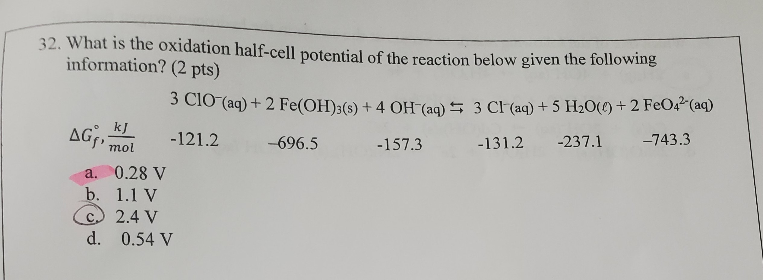 Solved 32. What is the oxidation half-cell potential of the | Chegg.com