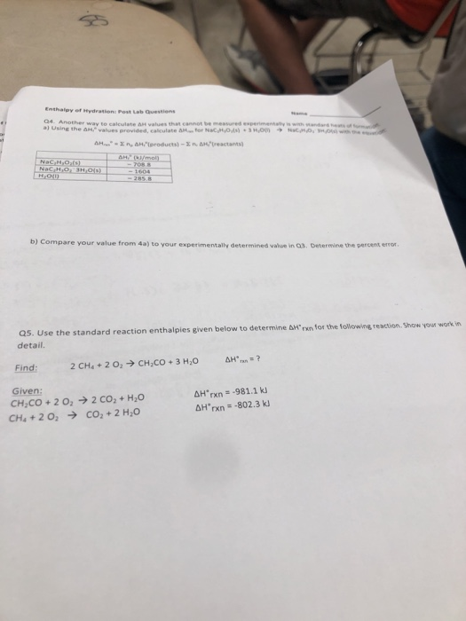 Solved Enthalpy o Post Lab Questiens her way to calculate aH | Chegg.com