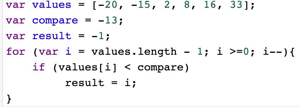 Solved = var values = [-20, -15, 2, 8, 16, 33]; var compare | Chegg.com