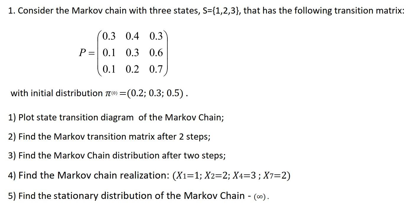 Solved 1. Consider the Markov chain with three states, | Chegg.com