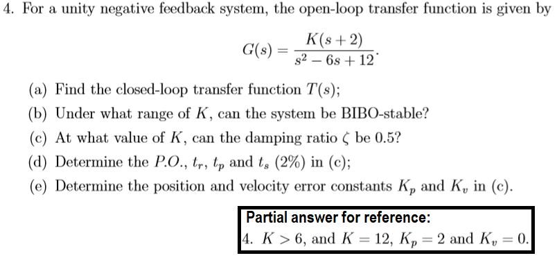 Solved 4. For a unity negative feedback system, the | Chegg.com