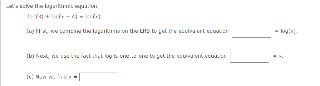 Solved Let's solve the logarithmic equation log(3) + log(x – | Chegg.com
