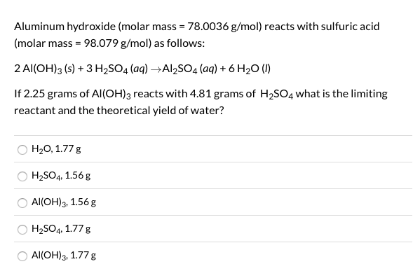 Solved Aluminum hydroxide (molar mass = 78.0036 g/mol) | Chegg.com