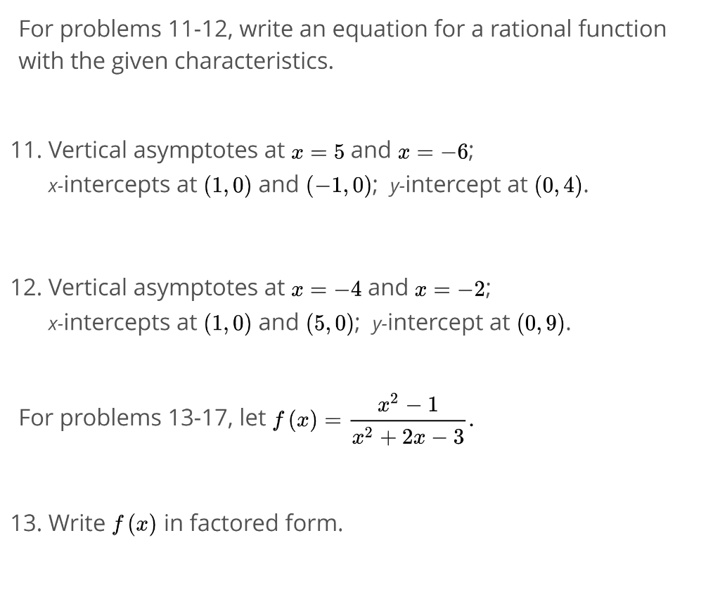 Solved For problems 11-12, write an equation for a rational | Chegg.com