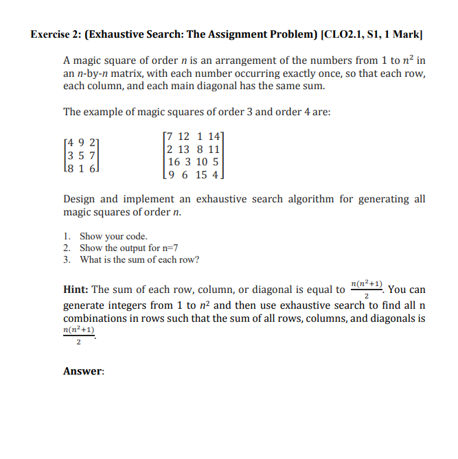 Solved ercise 1: (Exhaustive Search: The Assignment Problem) | Chegg.com