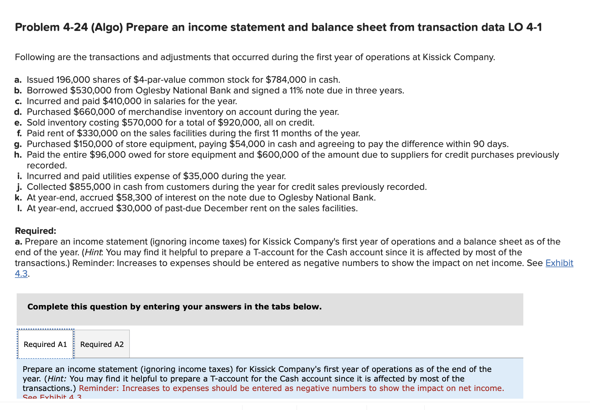Solved Problem 4-24 (Algo) Prepare an income statement and | Chegg.com
