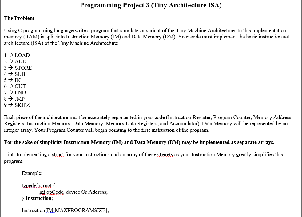 Solved Programming Project 3 (Tiny Architecture ISA) The | Chegg.com