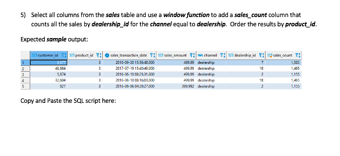 Solved 5) Select all columns from the sales table and use a | Chegg.com