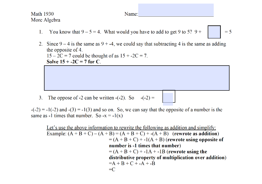 Solved Name: Math 1930 More Algebra 1. You know that 9-5 = | Chegg.com