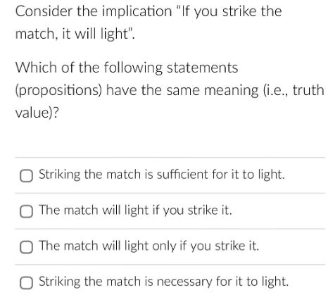 Solved Consider the implication "If you strike the match, it | Chegg.com