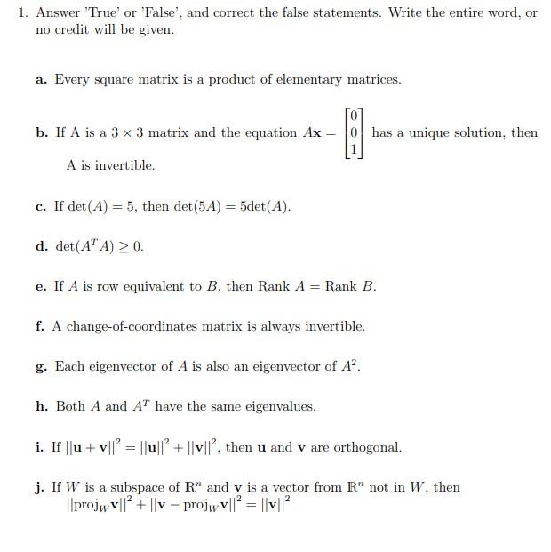 Solved 1. Answer 'True' or 'False', and correct the false | Chegg.com
