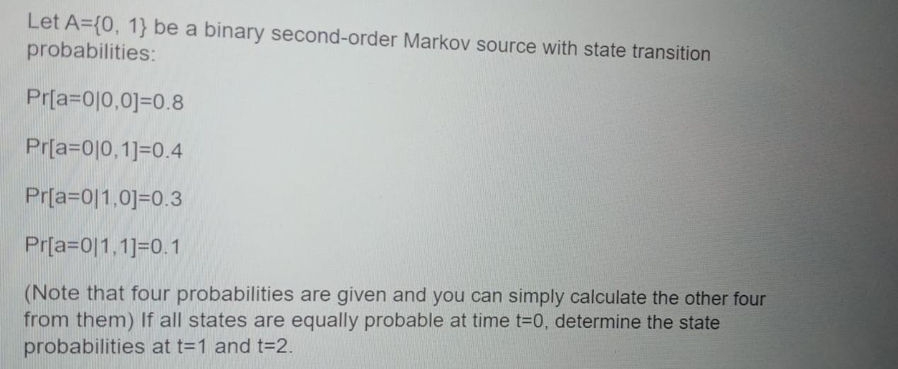 Solved Let A={0, 1} be a binary second-order Markov source | Chegg.com