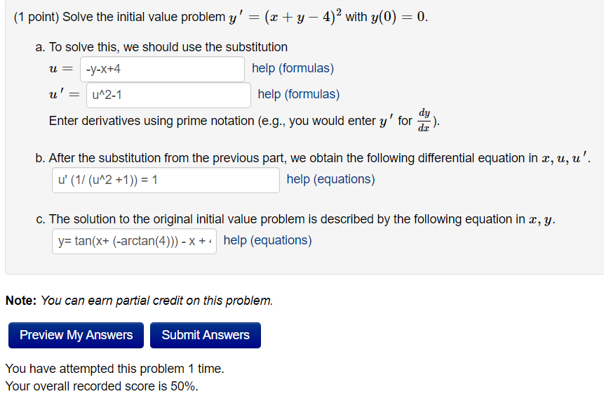 Solved (1 point) Solve the initial value problem y′=(x+y−4)2 | Chegg.com