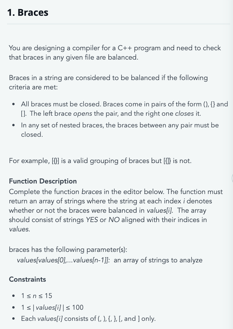 Solved 1. Braces You are designing a compiler for a C++ | Chegg.com