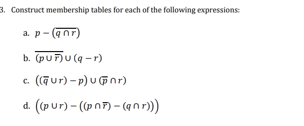 Solved 3. Construct membership tables for each of the | Chegg.com
