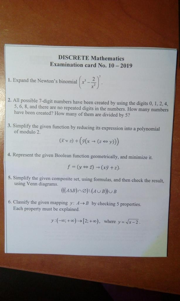 Solved DISCRETE Mathematics Examination card No. 10 - 2019 | Chegg.com