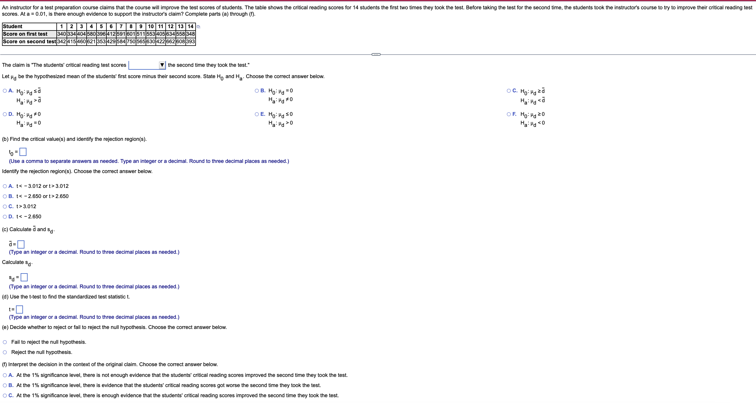 Solved The claim is "The students' critical reading test | Chegg.com