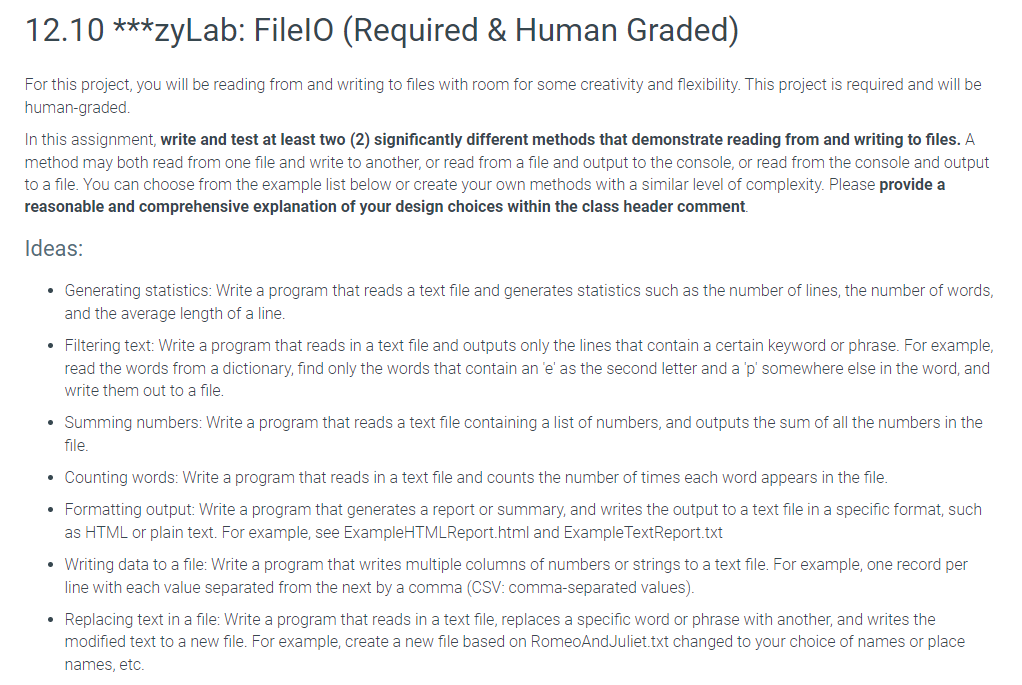 Solved 12.10 ∗∗∗ zyLab: FilelO (Required \& Human Graded) | Chegg.com