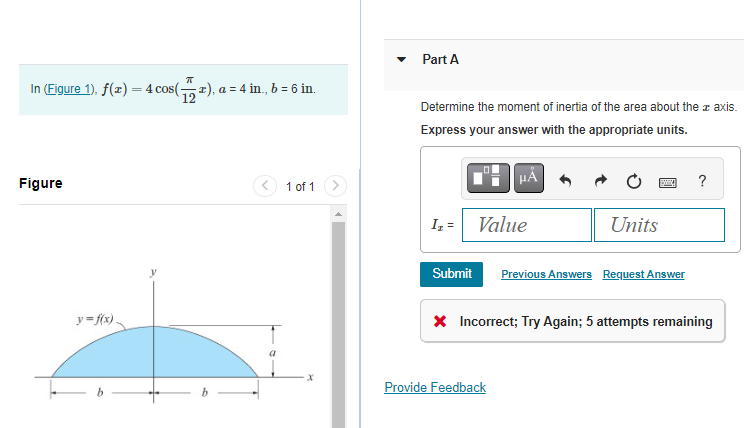 In (Figure 1), f(x)=4cos(12πx),a=4 in., b=6 in. | Chegg.com