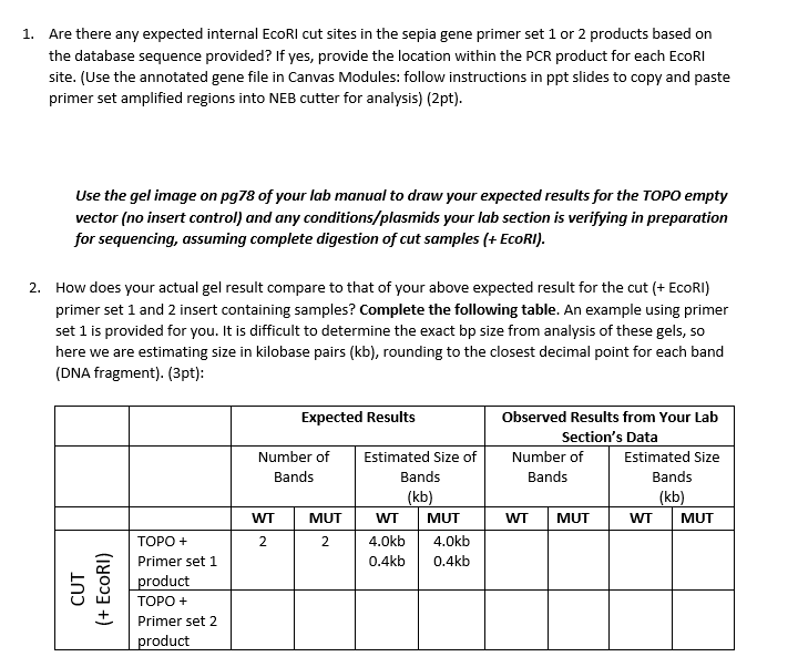 1. Are there any expected internal EcoRI cut sites in | Chegg.com