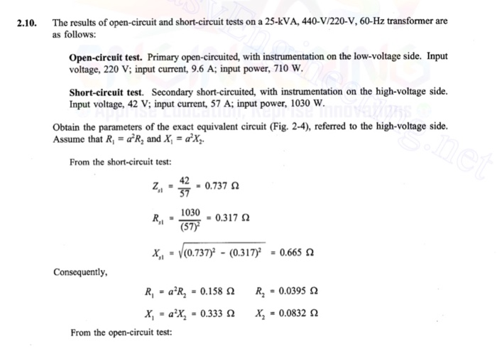 Solved The results of open-circuit and short-circuit tests | Chegg.com