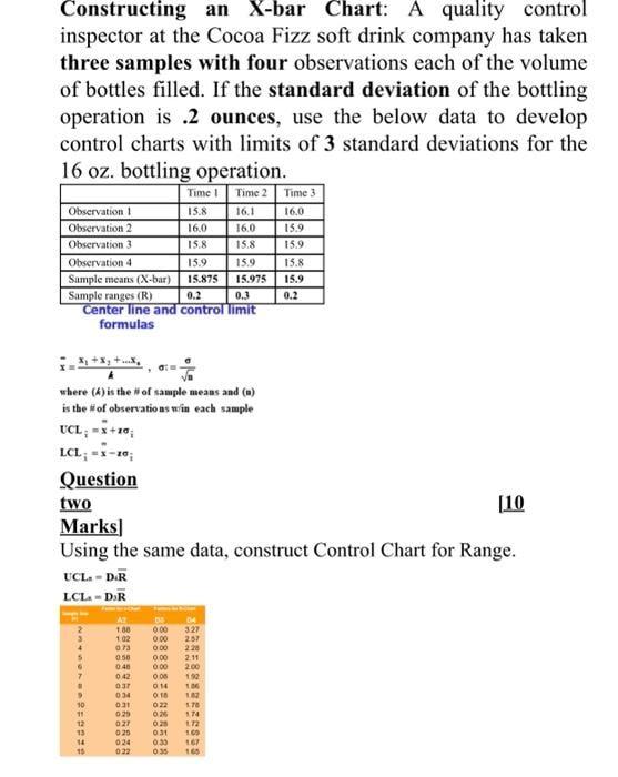 Solved Constructing an X-bar Chart: A quality control | Chegg.com
