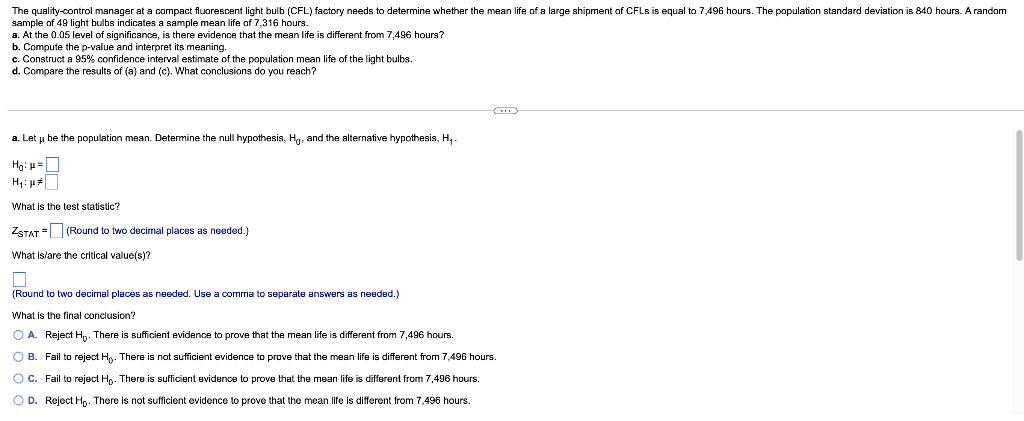Solved The quality-control manager at a compact fluorescent | Chegg.com