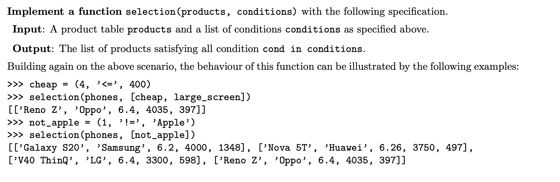 Implement a function selection (products, conditions) | Chegg.com