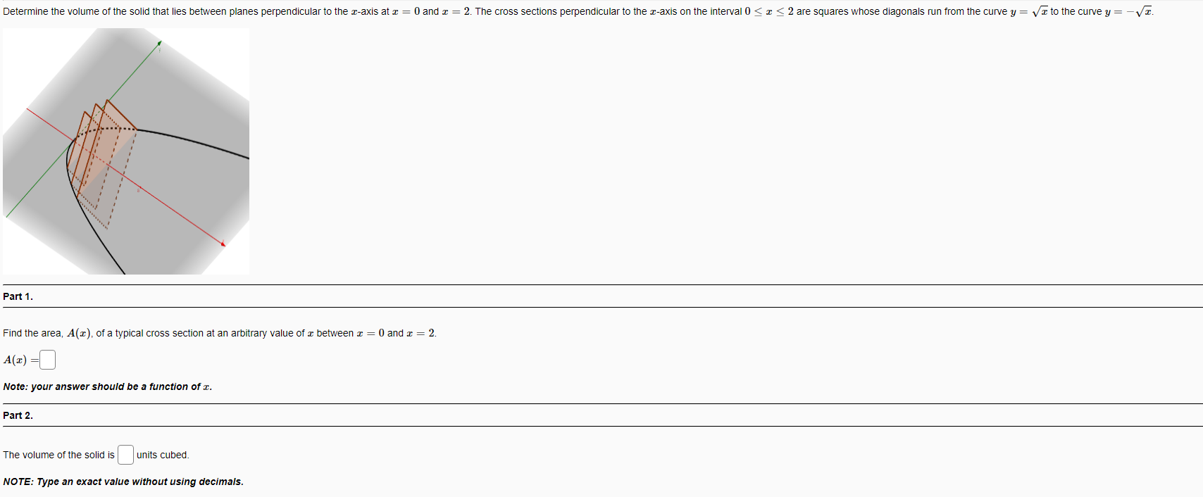 Solved Find the area, A(x), of a typical cross section at an | Chegg.com