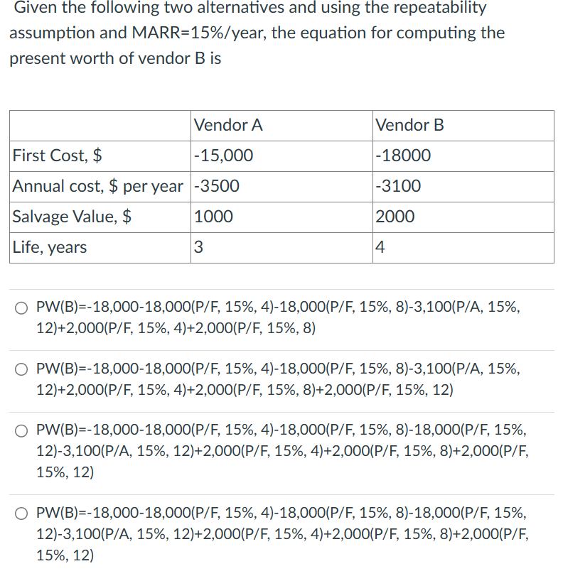 Solved Given the following two alternatives and using the | Chegg.com
