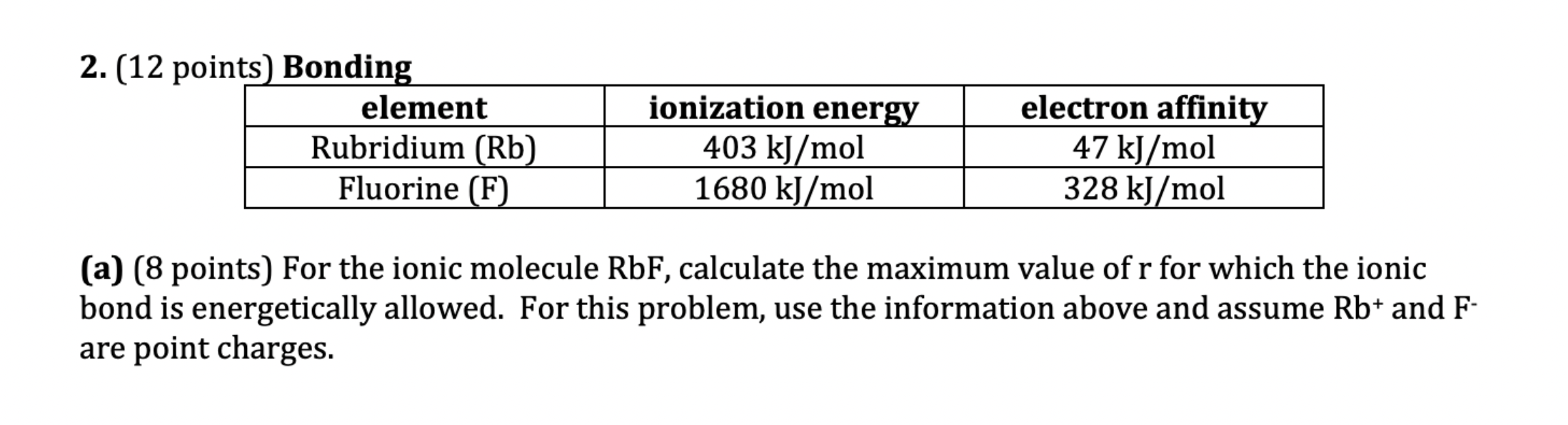 Solved (a) (8 ﻿points) ﻿For the ionic molecule RbF, | Chegg.com