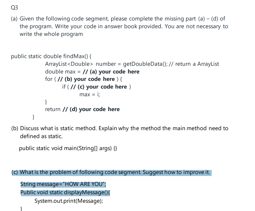 Solved Q3 (a) Given the following code segment, please | Chegg.com