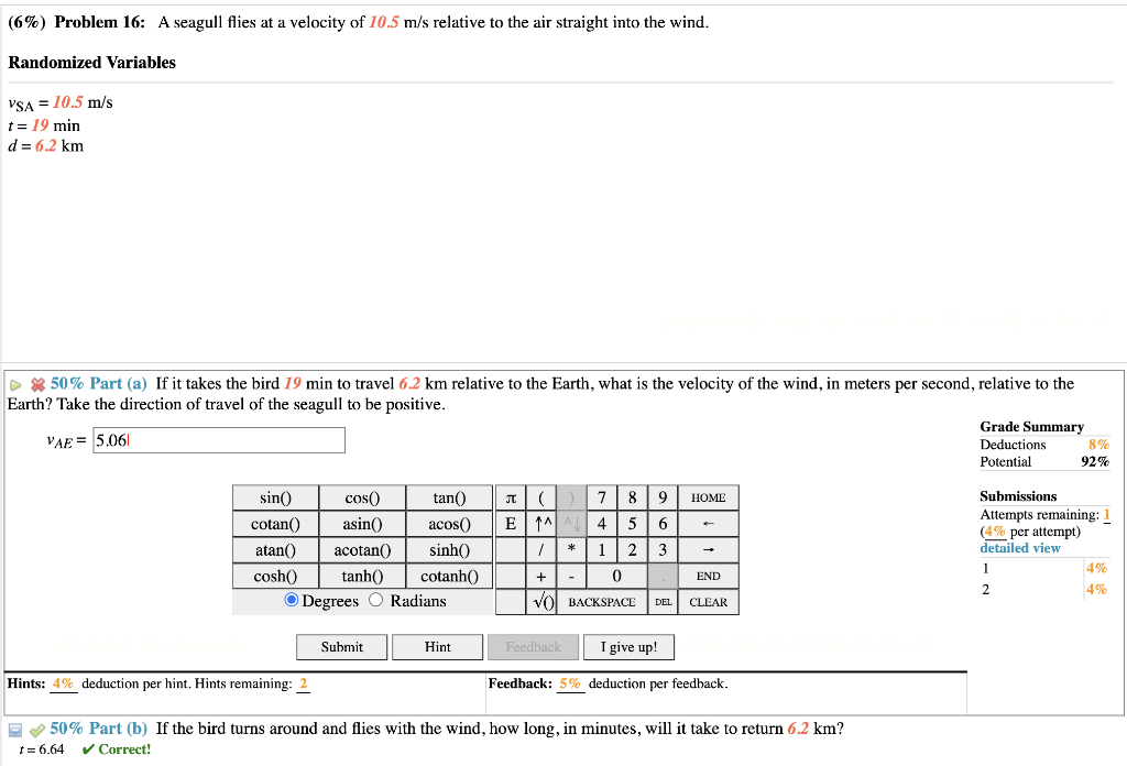 Solved (6\%) Problem 16: A seagull flies at a velocity of | Chegg.com