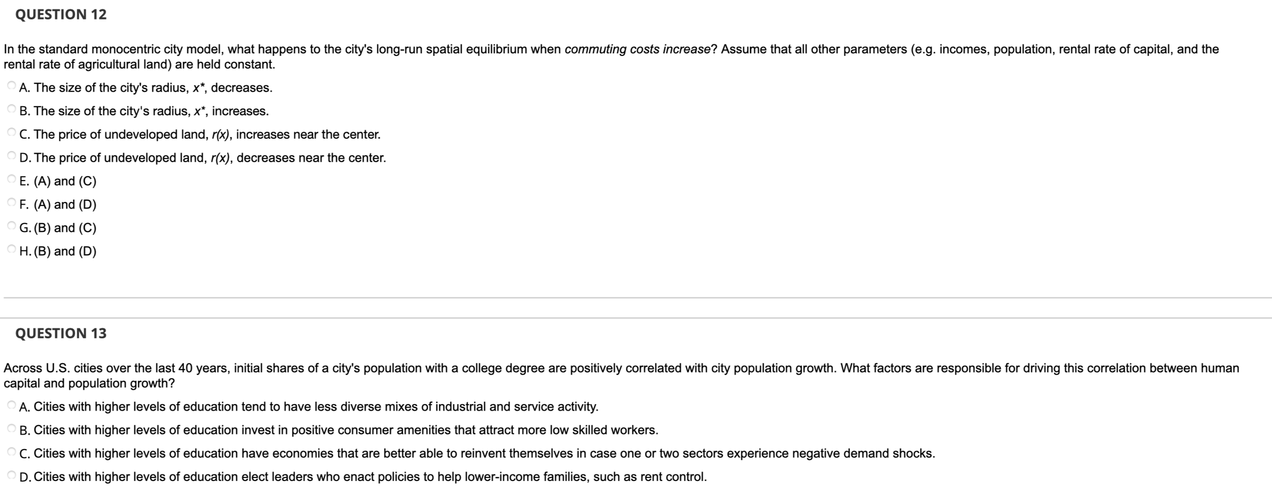 Solved , QUESTION 12 In the standard monocentric city model, | Chegg.com