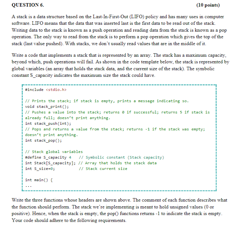 Solved QUESTION 6. (10 points) A stack is a data structure | Chegg.com
