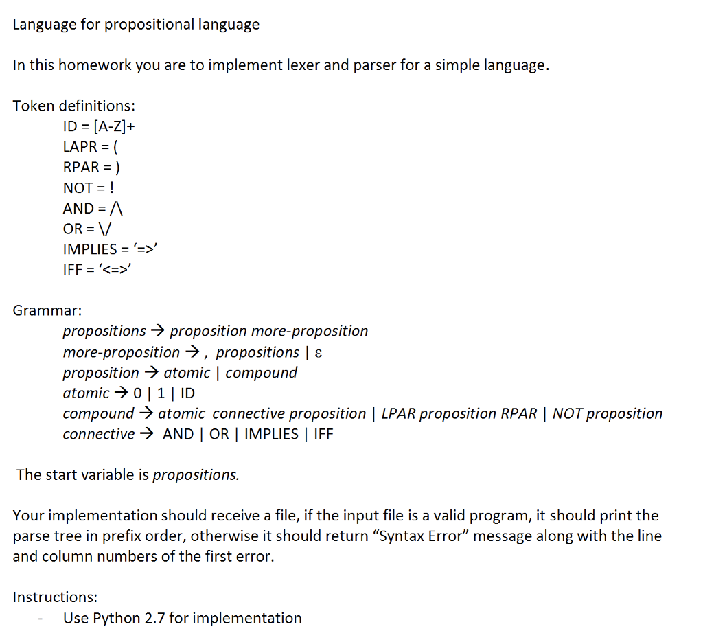 Language for propositional language In this homework | Chegg.com