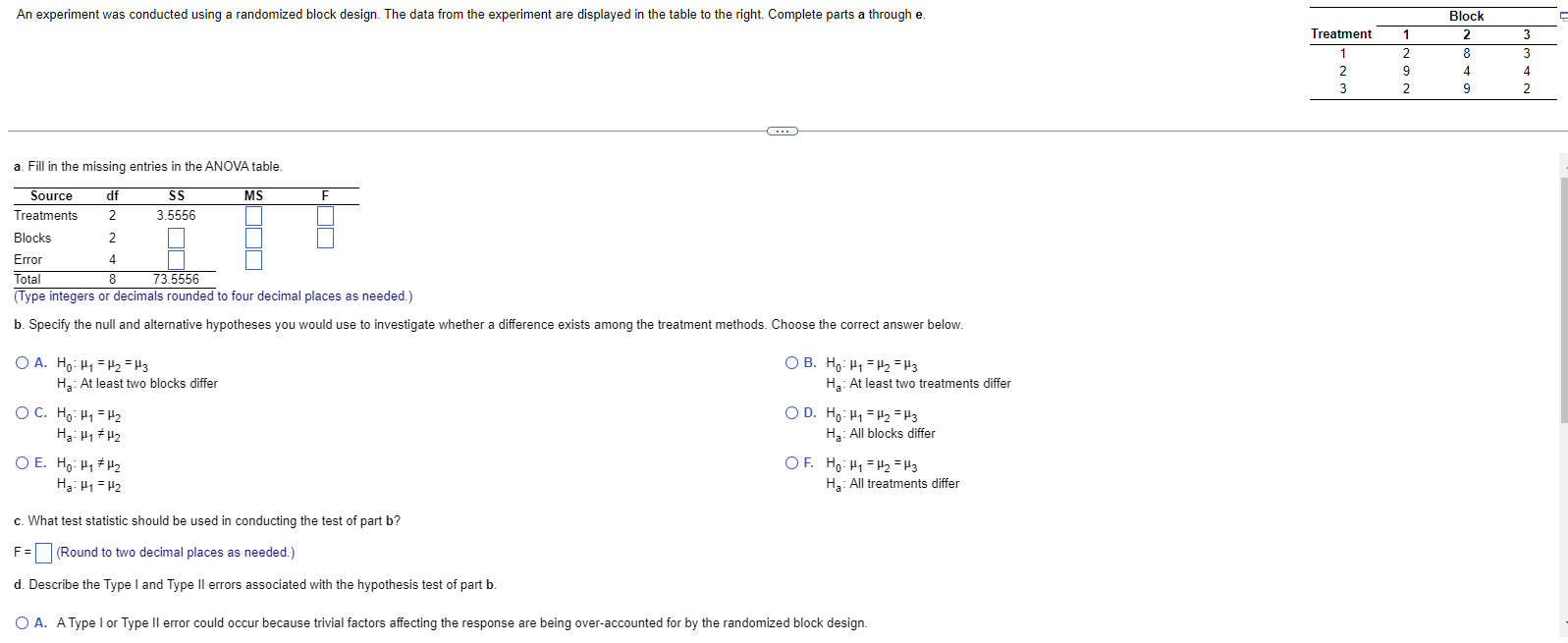 Solved An experiment was conducted using a randomized block | Chegg.com