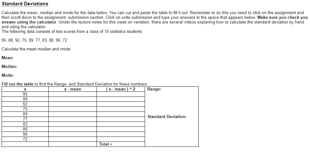 Solved Standard Deviations Calculate the mean, median and | Chegg.com