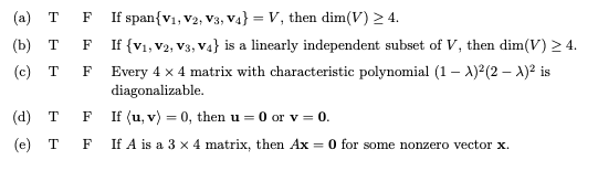 Solved F (a) T (b) T (c) T F F If span{V1, V2, V3, V4} = V, | Chegg.com