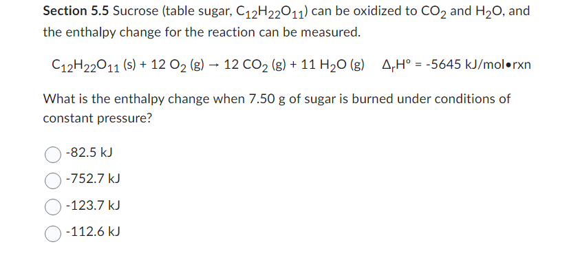 Solved Section 5.5 Sucrose (table sugar, C12H22O11 ) can be | Chegg.com
