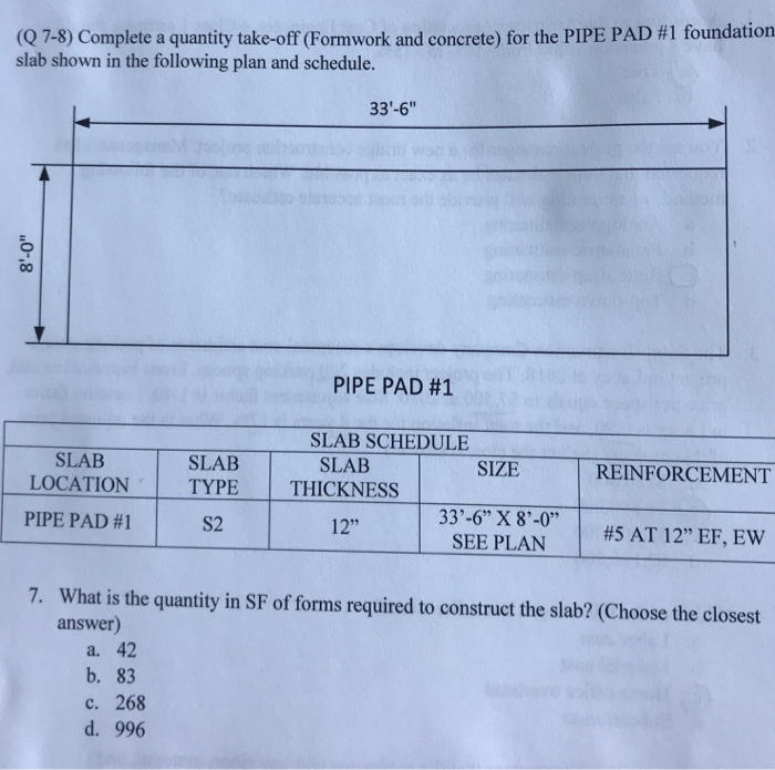 Solved (Q 7-8) Complete a quantity take-off (Formwork and | Chegg.com