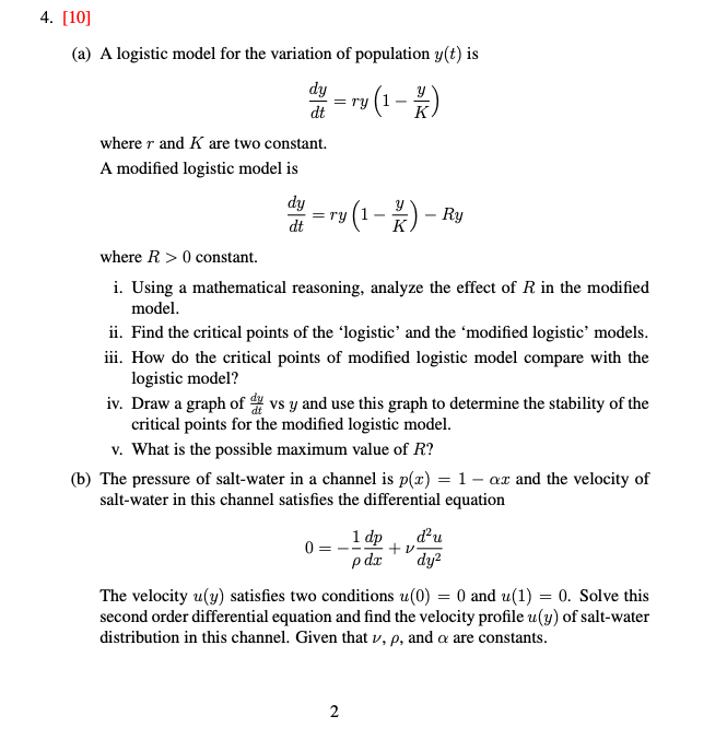 Solved = ry - Ry 4. [10] (a) A logistic model for the | Chegg.com