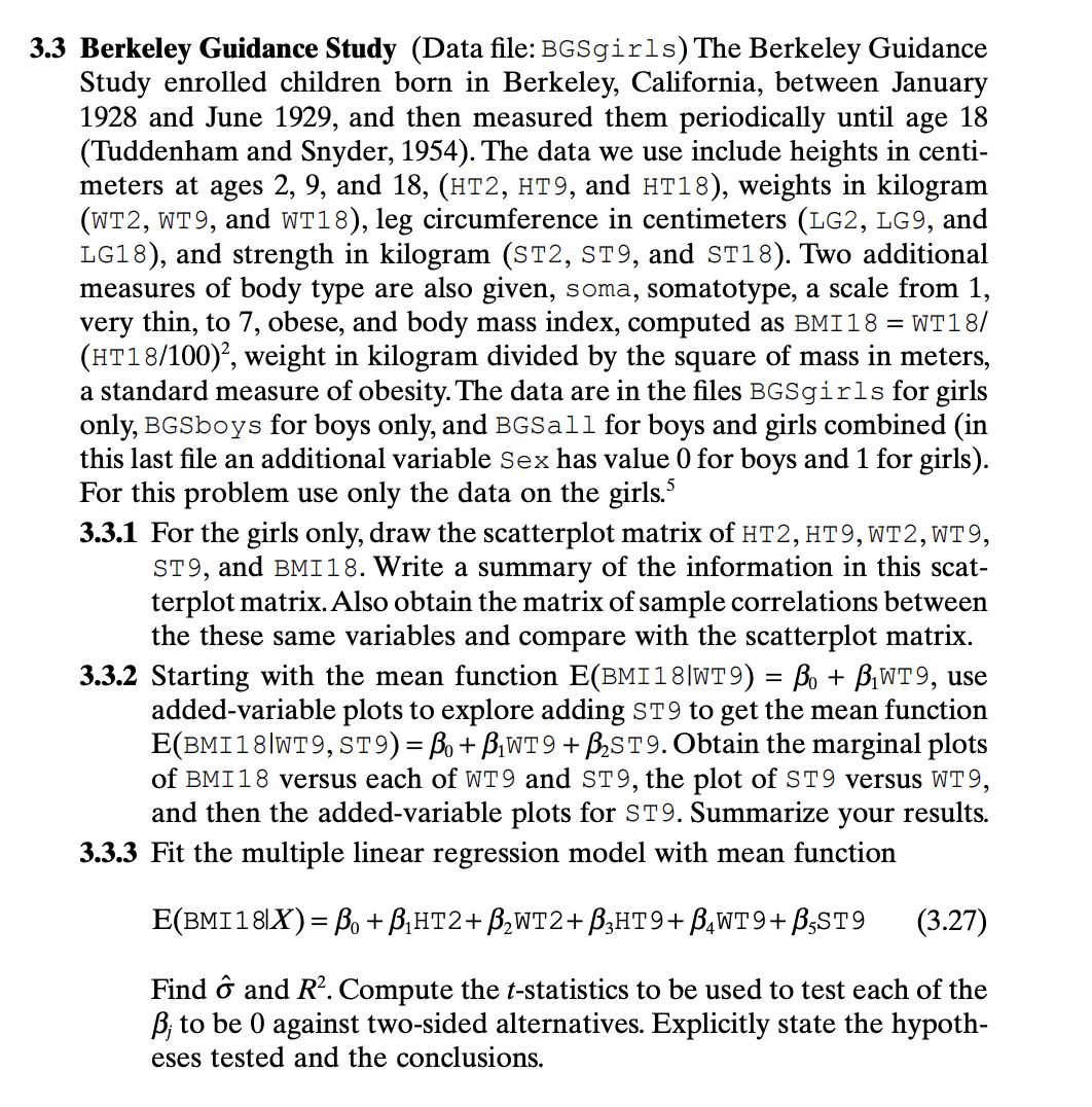 Solved .3 Berkeley Guidance Study (Data file: BGSgirls) The | Chegg.com