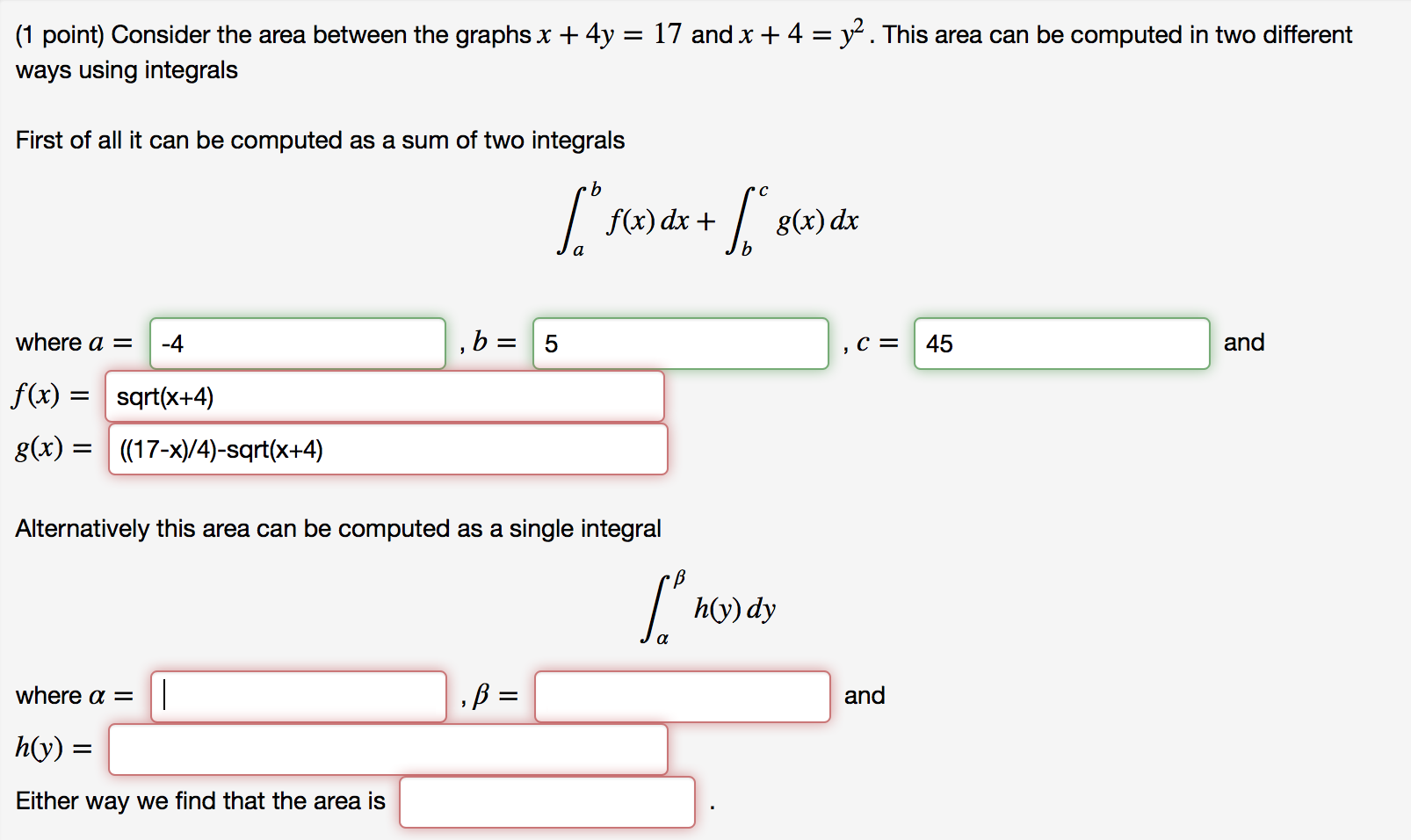Solved Consider the area between the graphs x+4y=17 and | Chegg.com