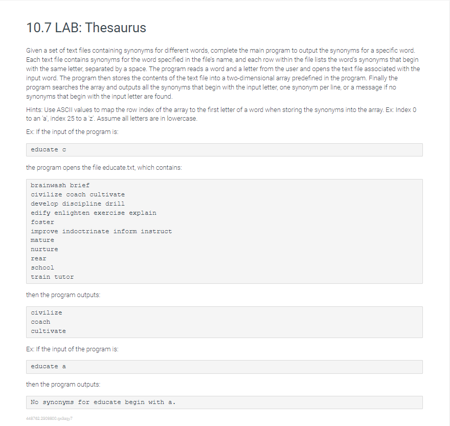 Solved 10.7 LAB: Thesaurus Given a set of text files | Chegg.com