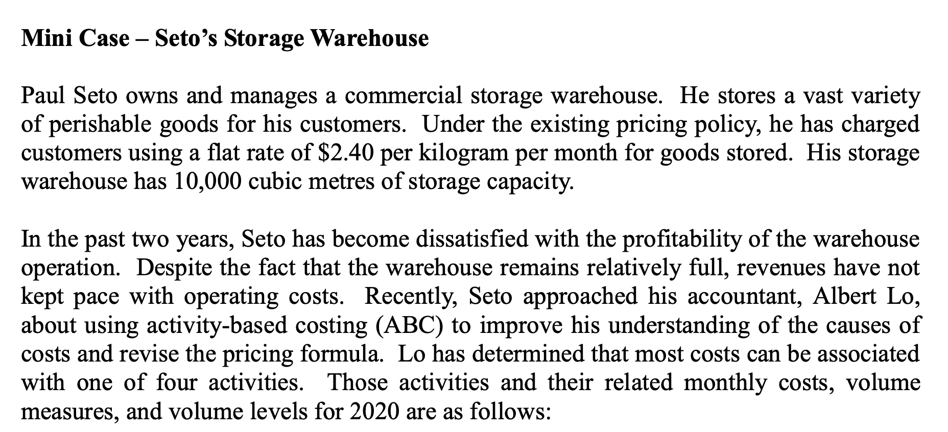Solved Mini Case – Seto's Storage Warehouse Paul Seto owns | Chegg.com
