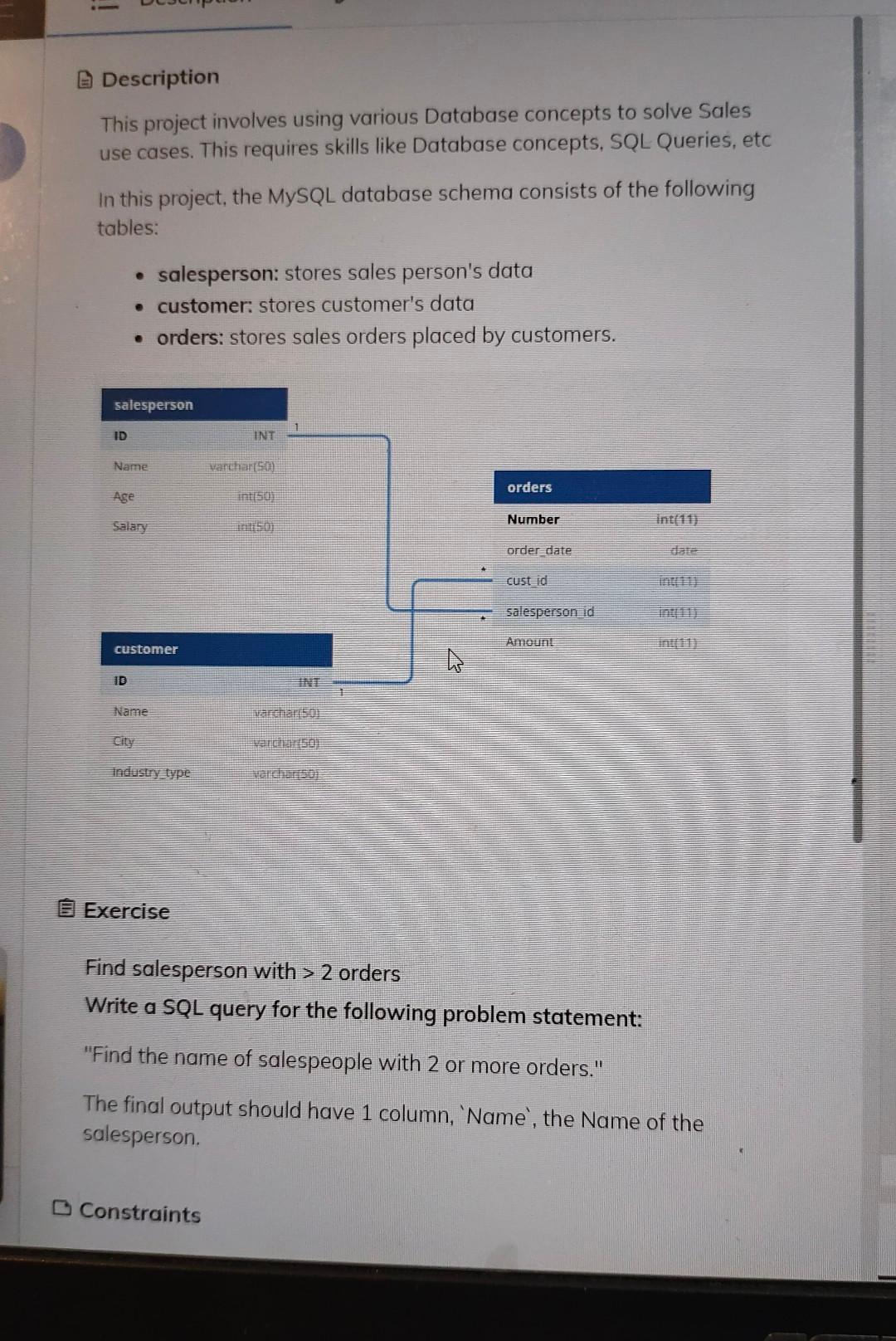 Exercise Find salesperson with >2 orders Write a SQL | Chegg.com