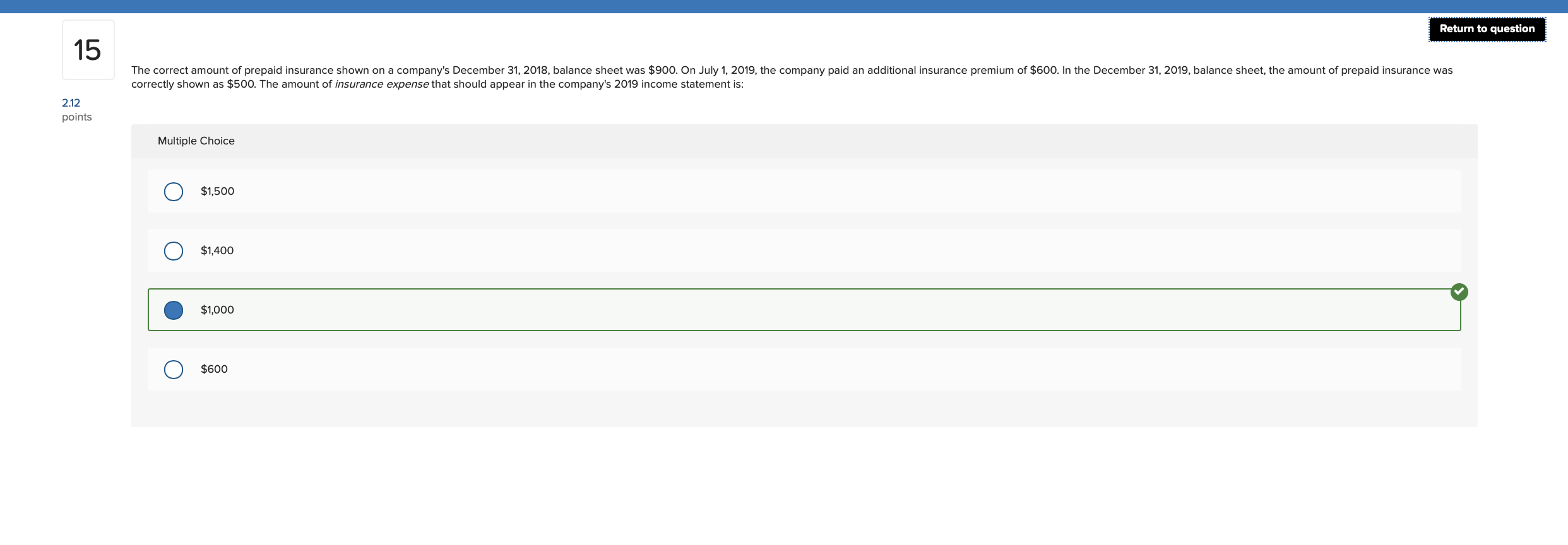 Solved Return to question 15 The correct amount of prepaid | Chegg.com