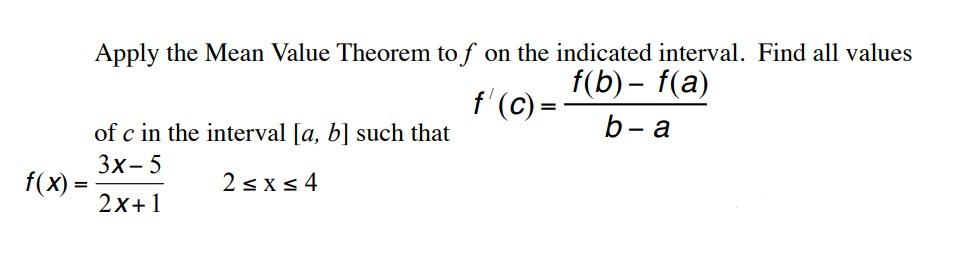 Solved apply Mean value theorem to f on the indicated | Chegg.com