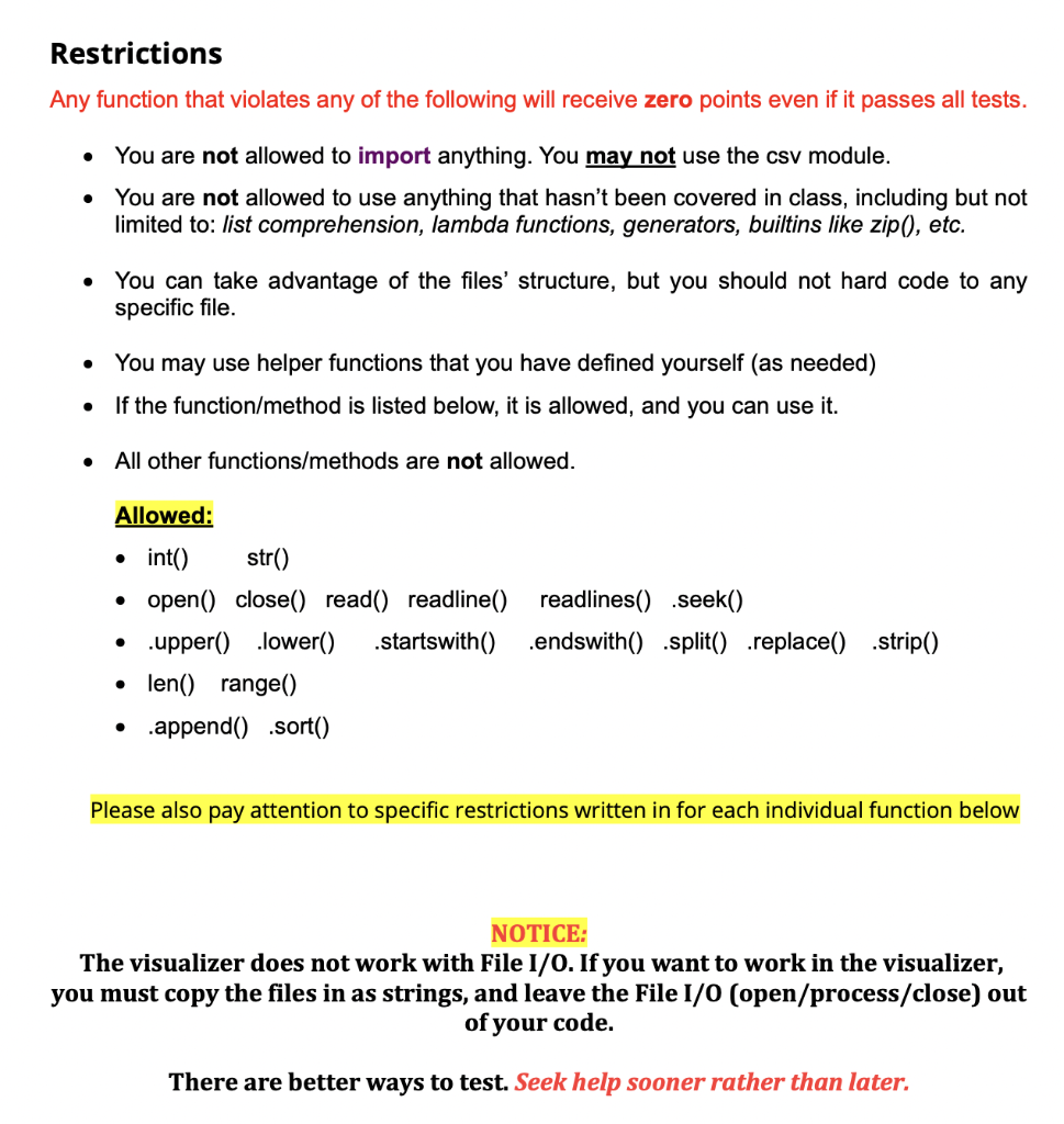 Solved Restrictions Any function that violates any of the | Chegg.com